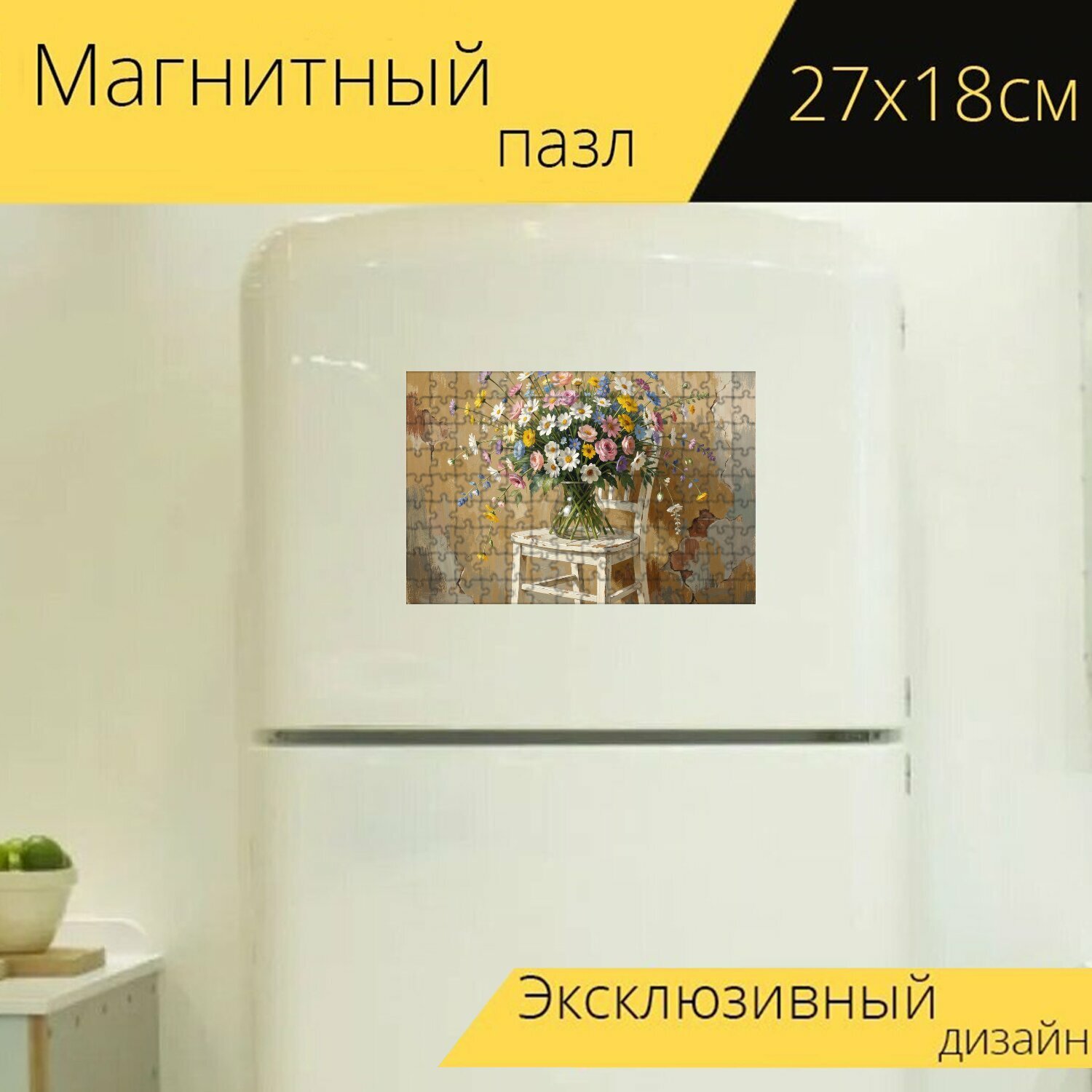 Магнитный пазл "Букет полевых цветов на стуле. Живописная композиция с пышной цветочной аранжировкой в стеклянной емкости на винтажном сиденье." на холодильник 27 x 18 см.