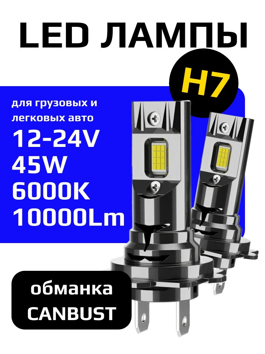 Светодиодные лампы H7 LED 2шт. Компактные лампы h7 установка без переходников