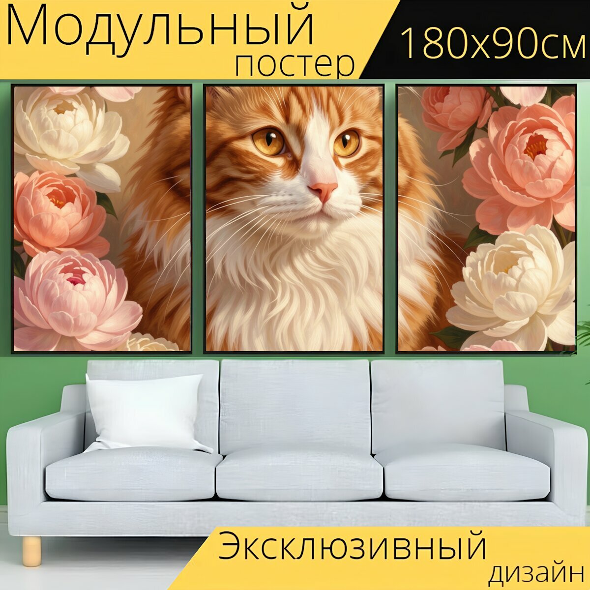 Модульный постер "Рыжий кот среди пионов. Нежная акварельная композиция с пушистым оранжевым питомцем в окружении крупных цветков." 180 x 90 см. для интерьера на стену в тубусе