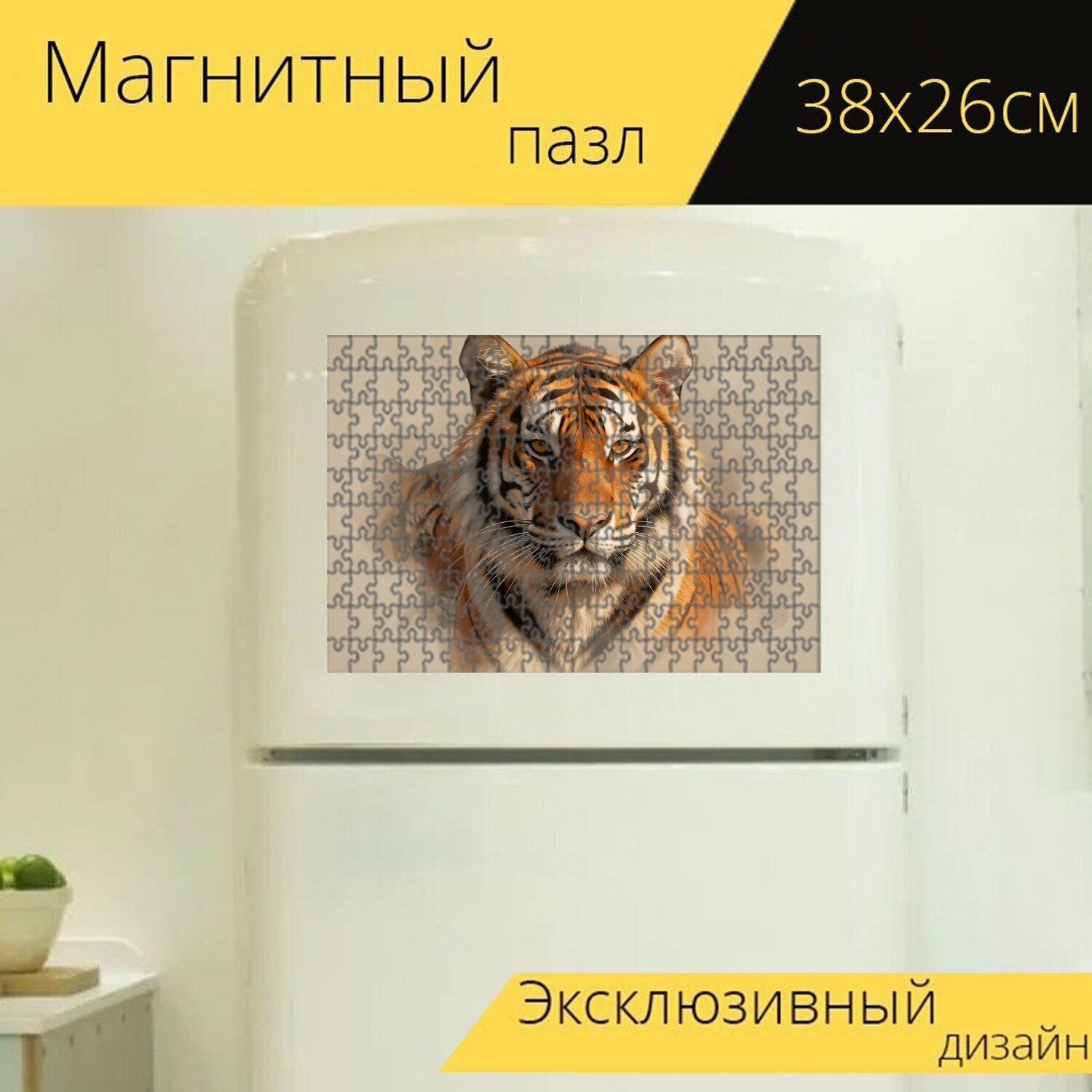 Магнитный пазл "Тигр в дымчатой дымке. Реалистичный хищник крупным планом в теплых оранжево-черных тонах, мягкий туманный фон, пронзительный взгляд." для интерьера, 38х26 см.
