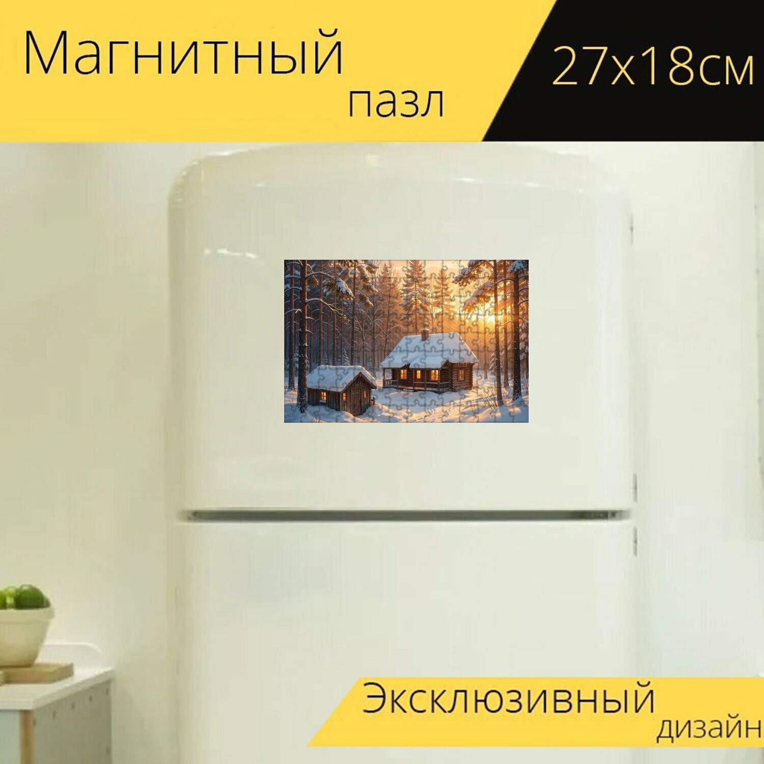 Магнитный пазл "Зимний домик в лесу. Уютное деревянное жилище среди заснеженных сосен, теплый свет из окон, следы на снегу и золотой рассвет." на холодильник 27 x 18 см.