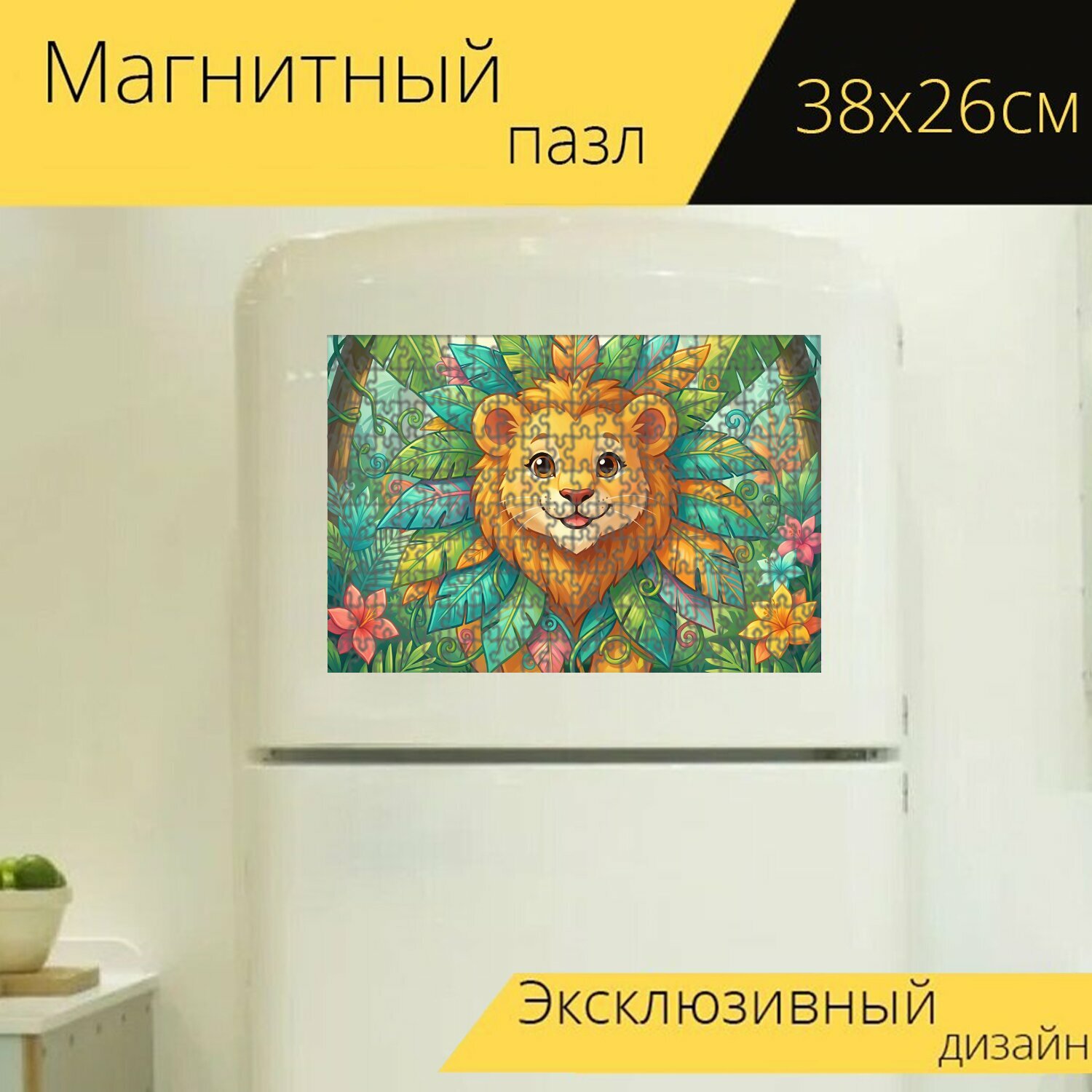 Магнитный пазл "Лев в тропических листьях. Добродушный царь зверей в окружении яркой листвы, пальм и экзотических цветов. Сказочная тропическая иллюстрация." для интерьера, 38х26 см.