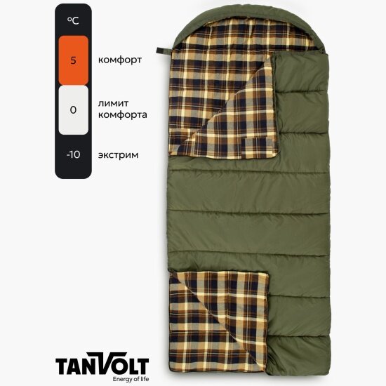 Спальный мешок-одеяло Tanvolt Camping туристический утепленный кемпинговый, зелёный(левый, молния справа)