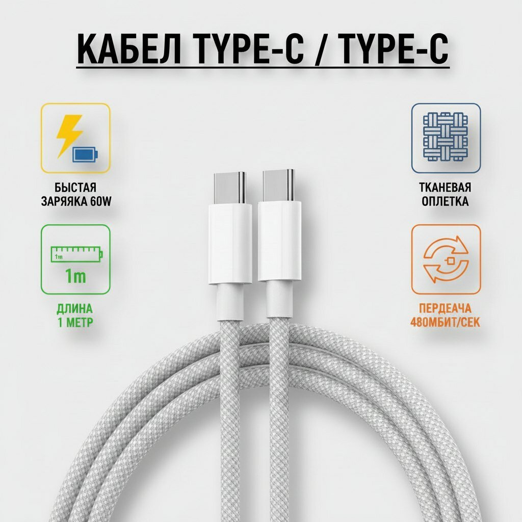 Кабель TypeC-TypeC PD, для быстрой зарядки, текстильная оплетка, длина 1 м