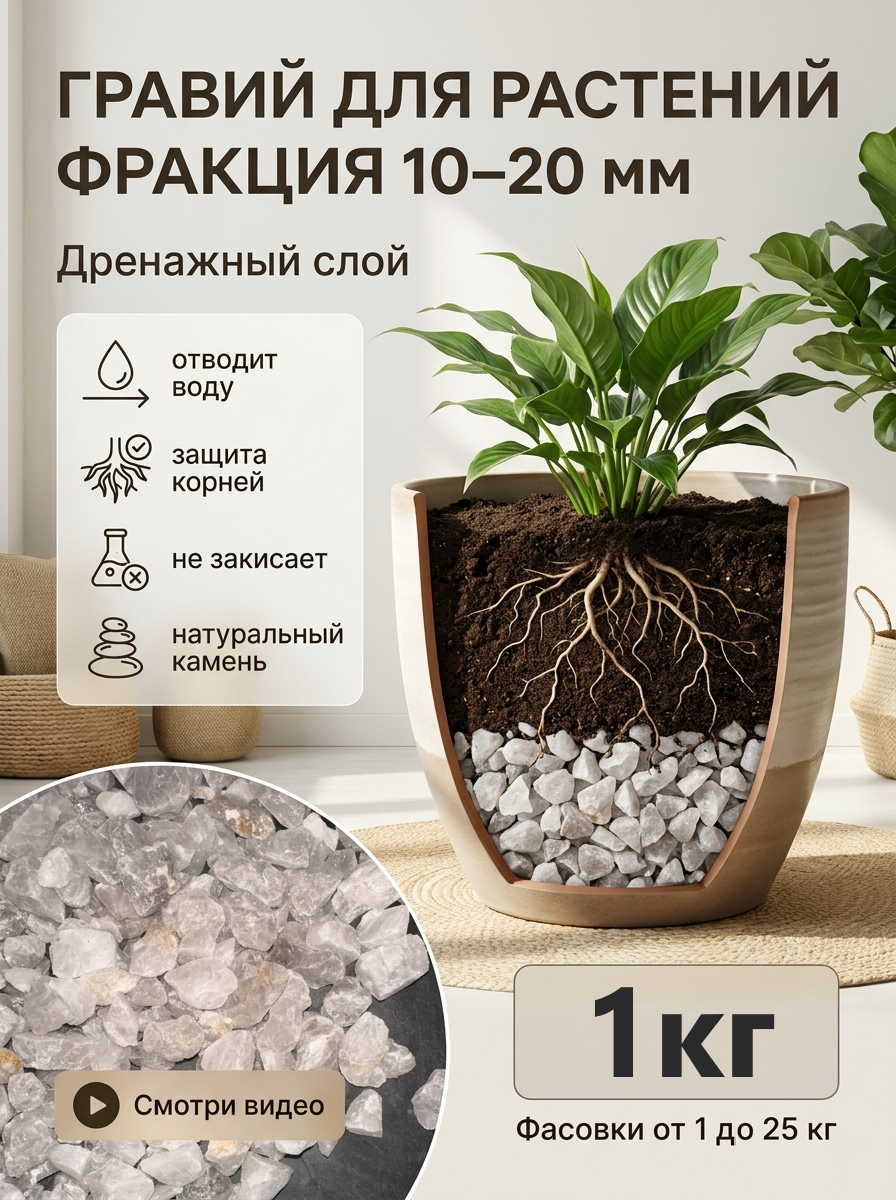 Дренаж для растений 10-20 мм, кварцевый гравий, очень крупная фракция, добавка в грунт, улучшает дренаж, 1 кг