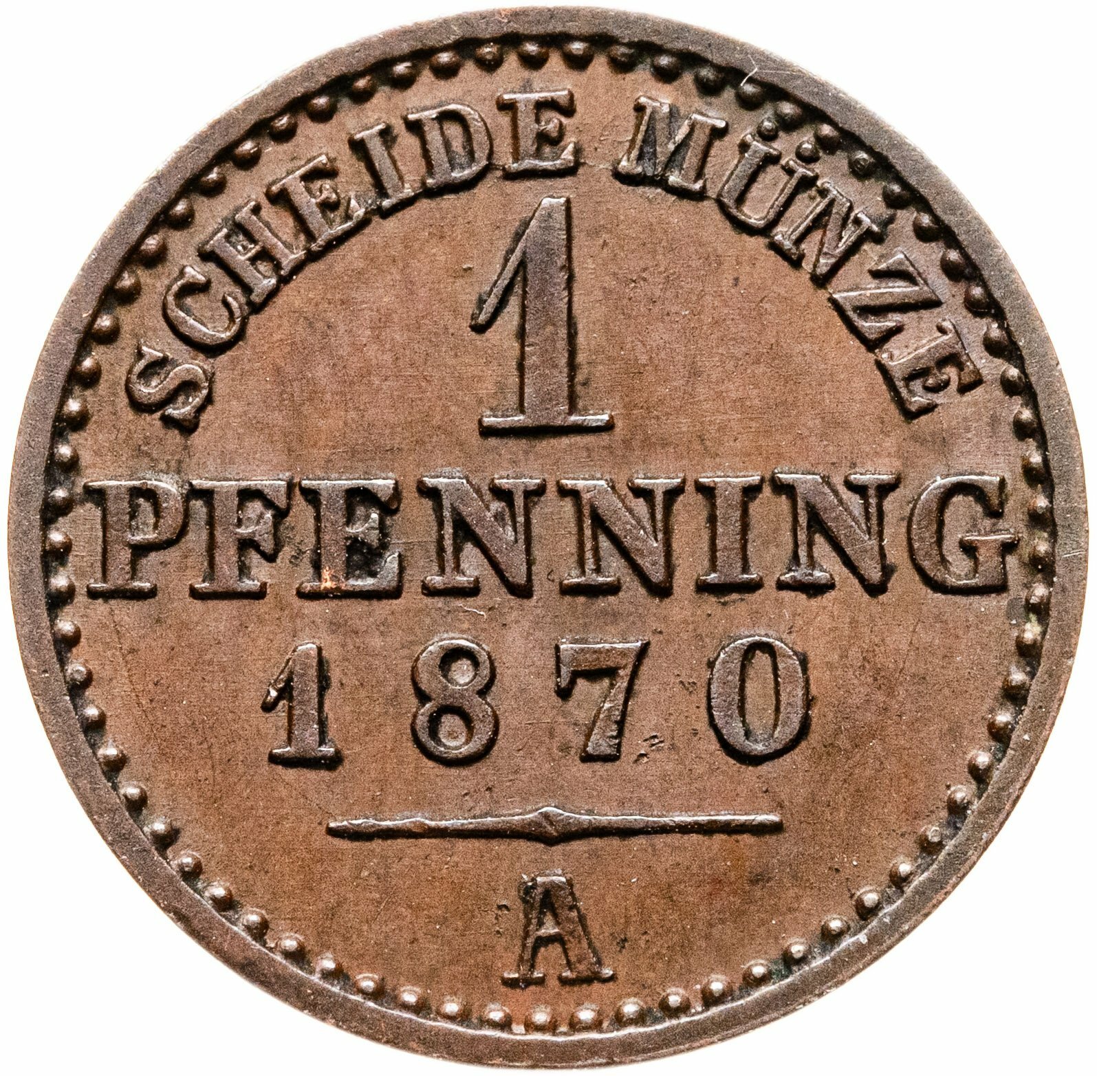 Германия, Пруссия 1 пфенниг 1870, знак монетного двора "А" - Берлин, Медь, в сохранности XF-AU