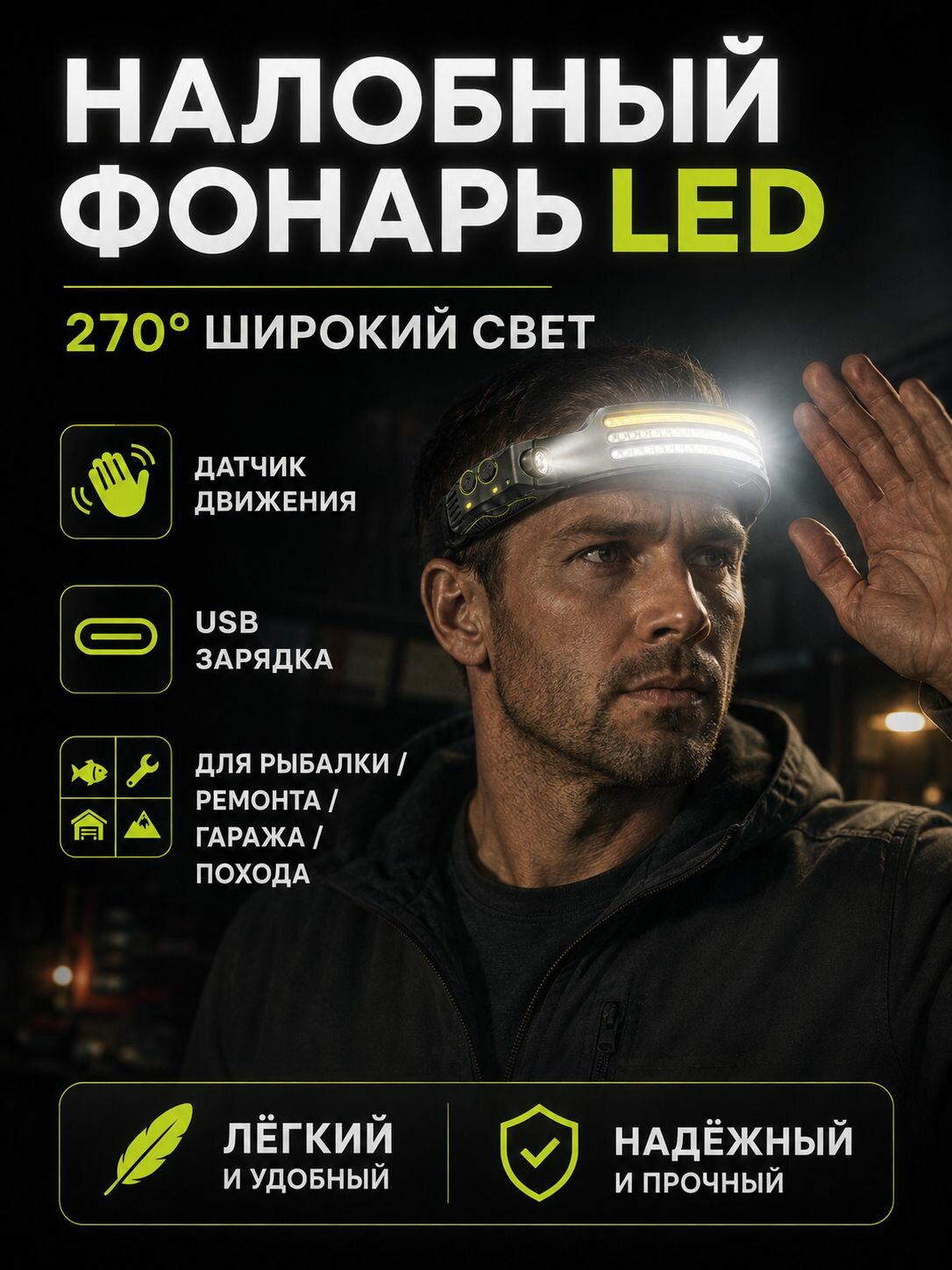 Фонарь налобный аккумуляторный LED с датчиком движения, USB зарядка, для рыбалки