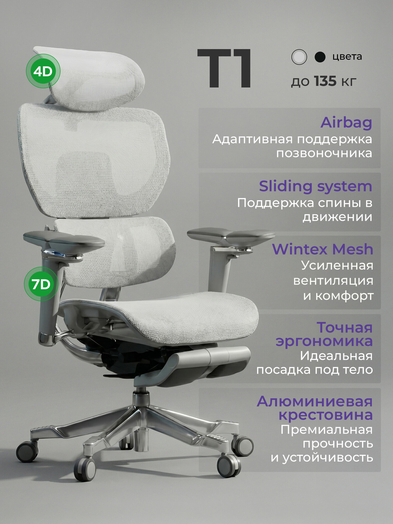 Кресло компьютерное эргономичное ортопедическое для дома и офиса Ergostul T1 Grey