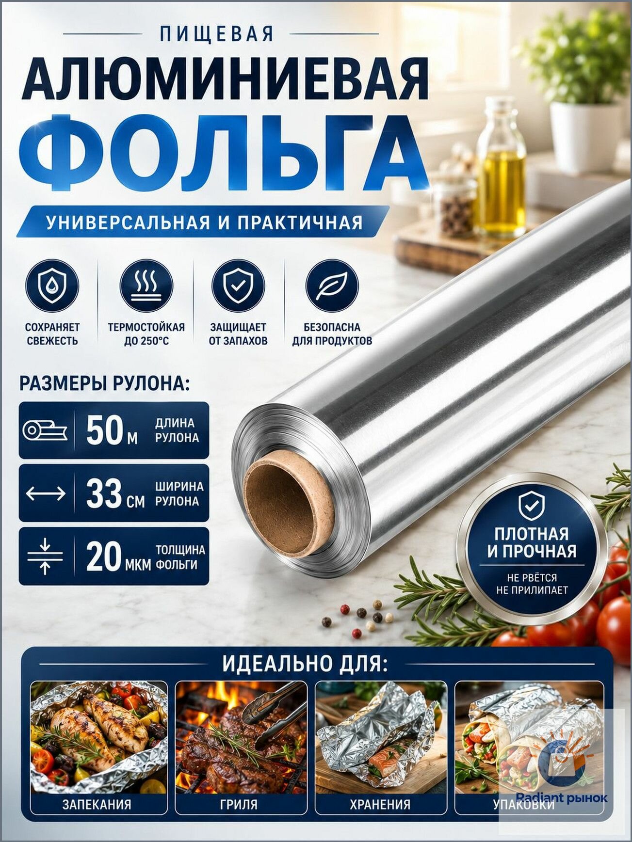 Фольга пищевая, 50м х 33 см, 20 мкм, 1 шт