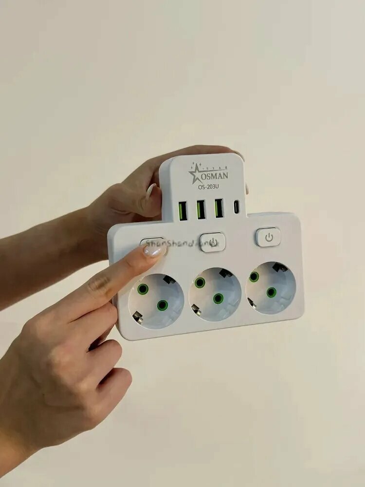Сетевой фильтр 3 розетки, тройник, разветвитель на 3 гнезда +3 USB и 1 Type-C