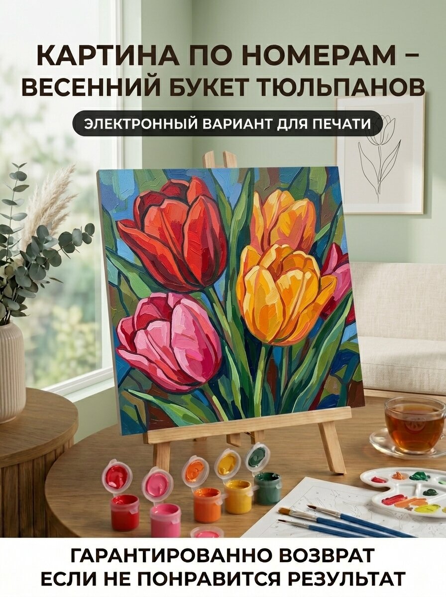 Картина по номерам "Весенний букет тюльпанов", на холсте, PDF-инструкция