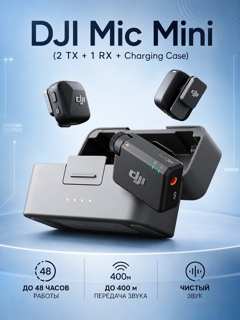 DJI Mic Mini Беспроводной петличный микрофон , в комплекте 2 TX + 1 RX + зарядный футляр