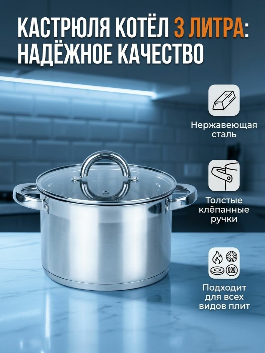Нержавейка Котел пищевой Кастрюля, Нержавеющая сталь, Металл, 3 л, 1 шт