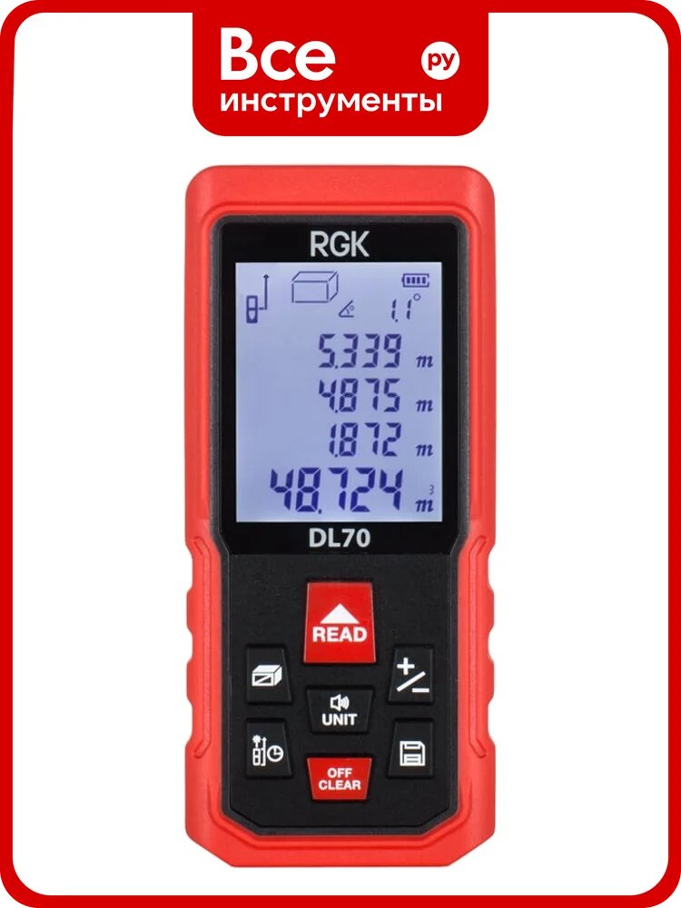 Лазерный дальномер с угломером RGK DL70, для измерения расстояния до 70 метров