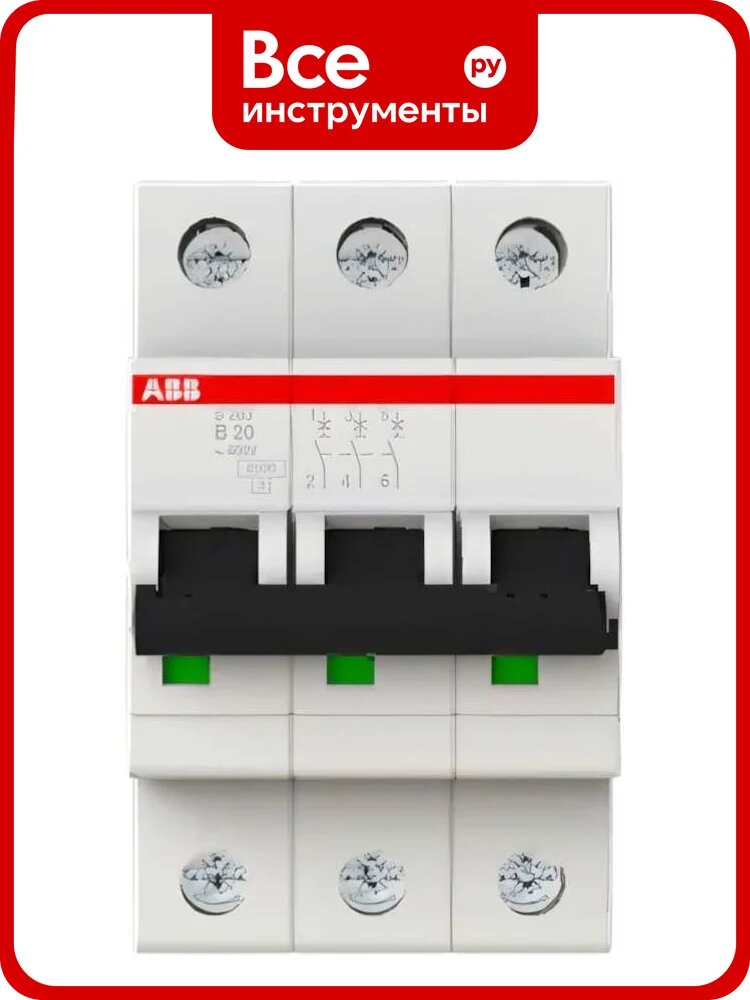 Автоматический выключатель ABB S203 трёхполюсный для DIN-рейки, тип B, действие AC/DC, защита от замыкания, серый корпус
