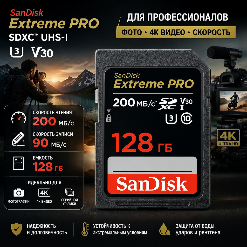 Карта памяти SanDisk Extreme PRO SDXC 128 ГБ Class 10 UHS-I U3 V30 6K-Video (200/90 MB/s)