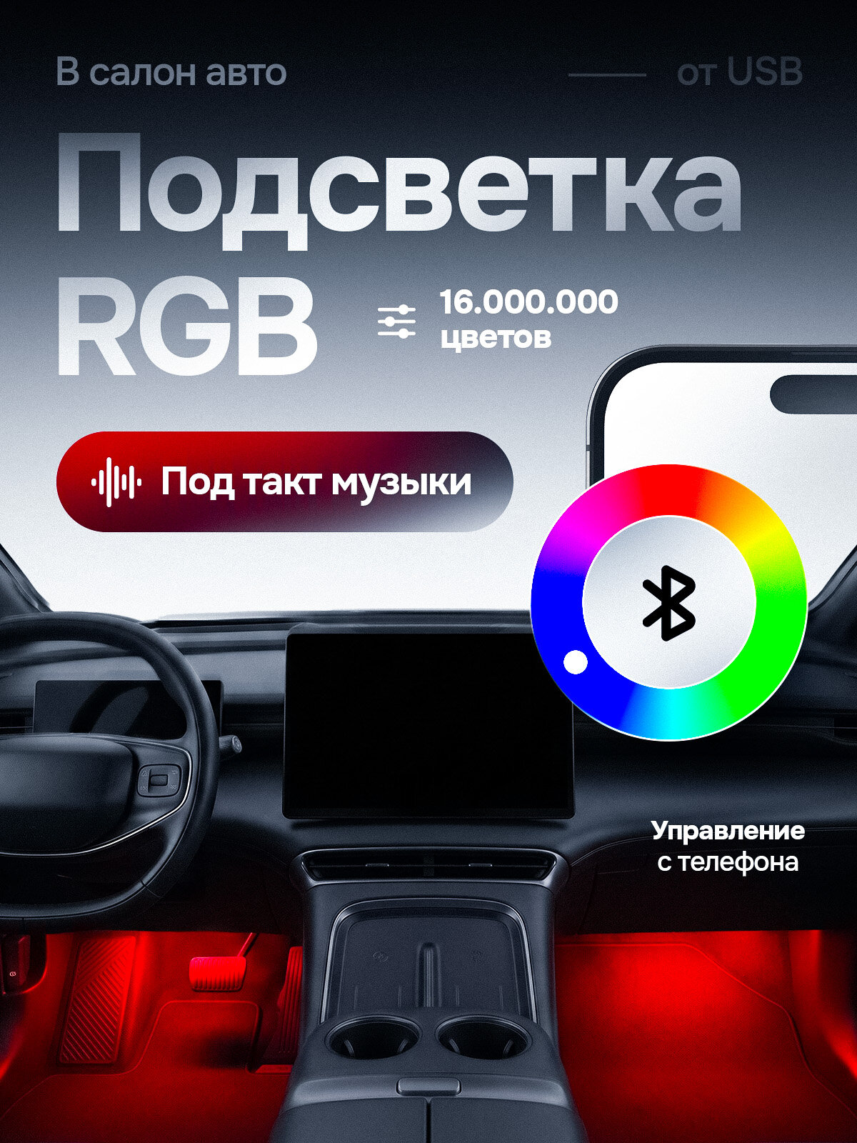 Подсветка салона автомобиля с управлением от смартфона USB светодиодная лента