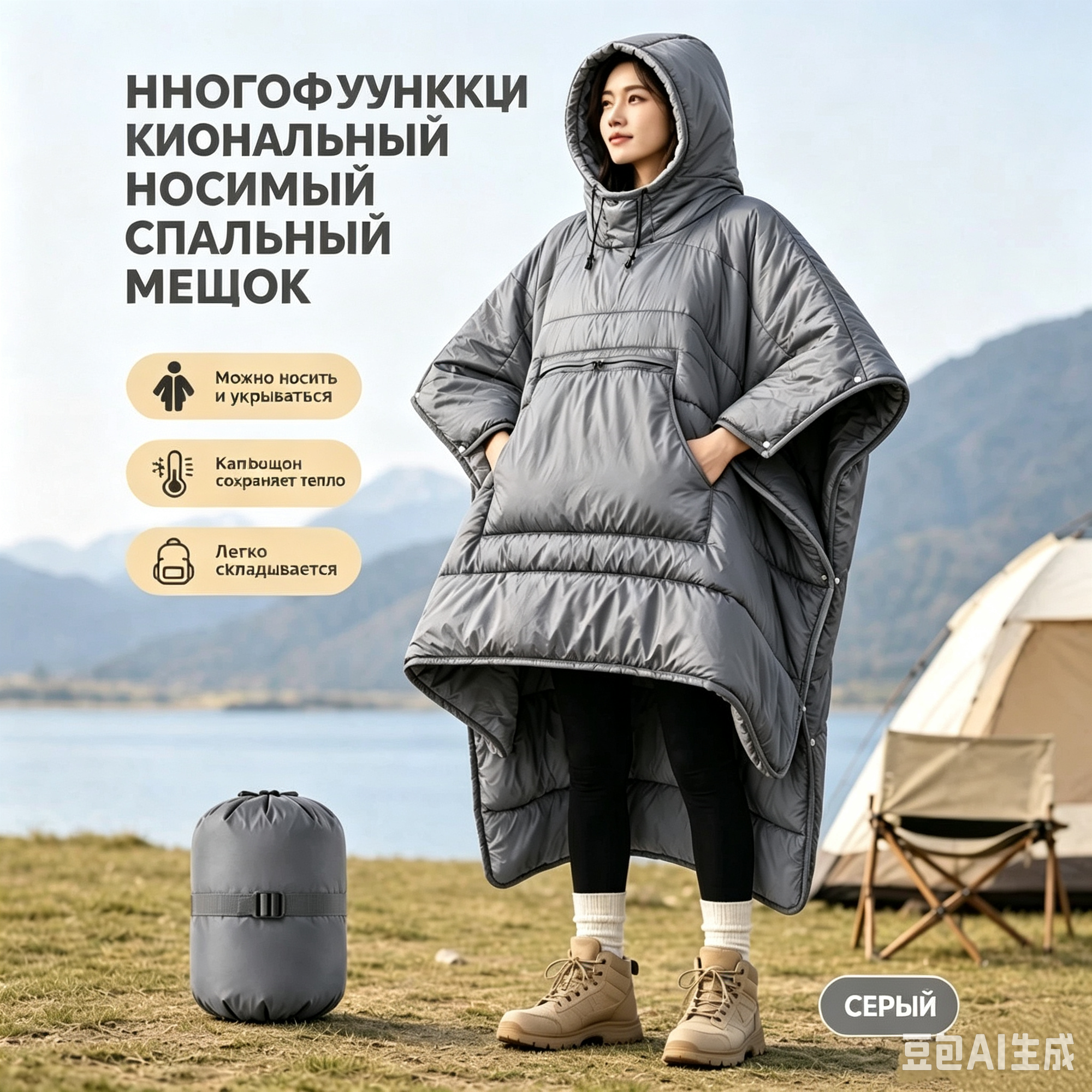 Водонепроницаемый теплый портативный спальный мешок-плащ（серый）
