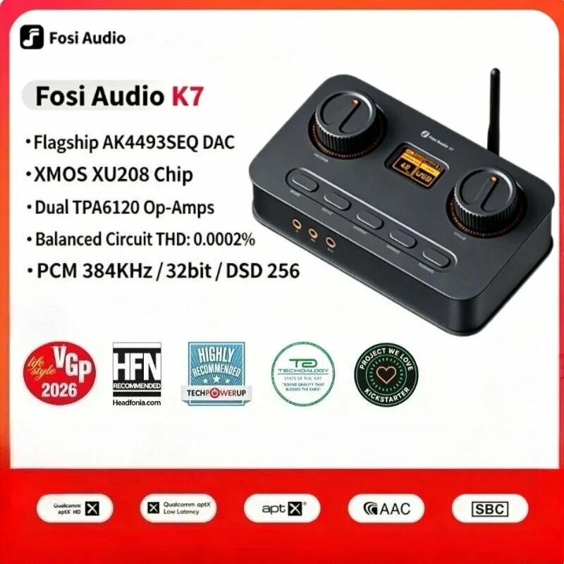 Игровой усилитель для наушников Fosi Audio K7, Bluetooth, Hi-Fi DAC, черный