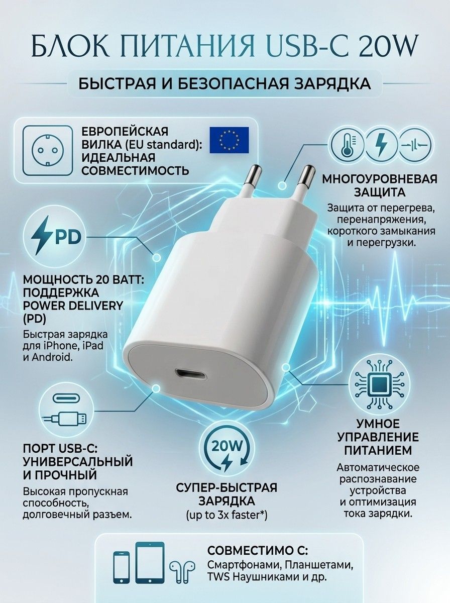 Зарядное устройство 20W USB-C Power Delivery / быстрая зарядка для телефона блок питания для iPhone, Samsung, Xiaomi