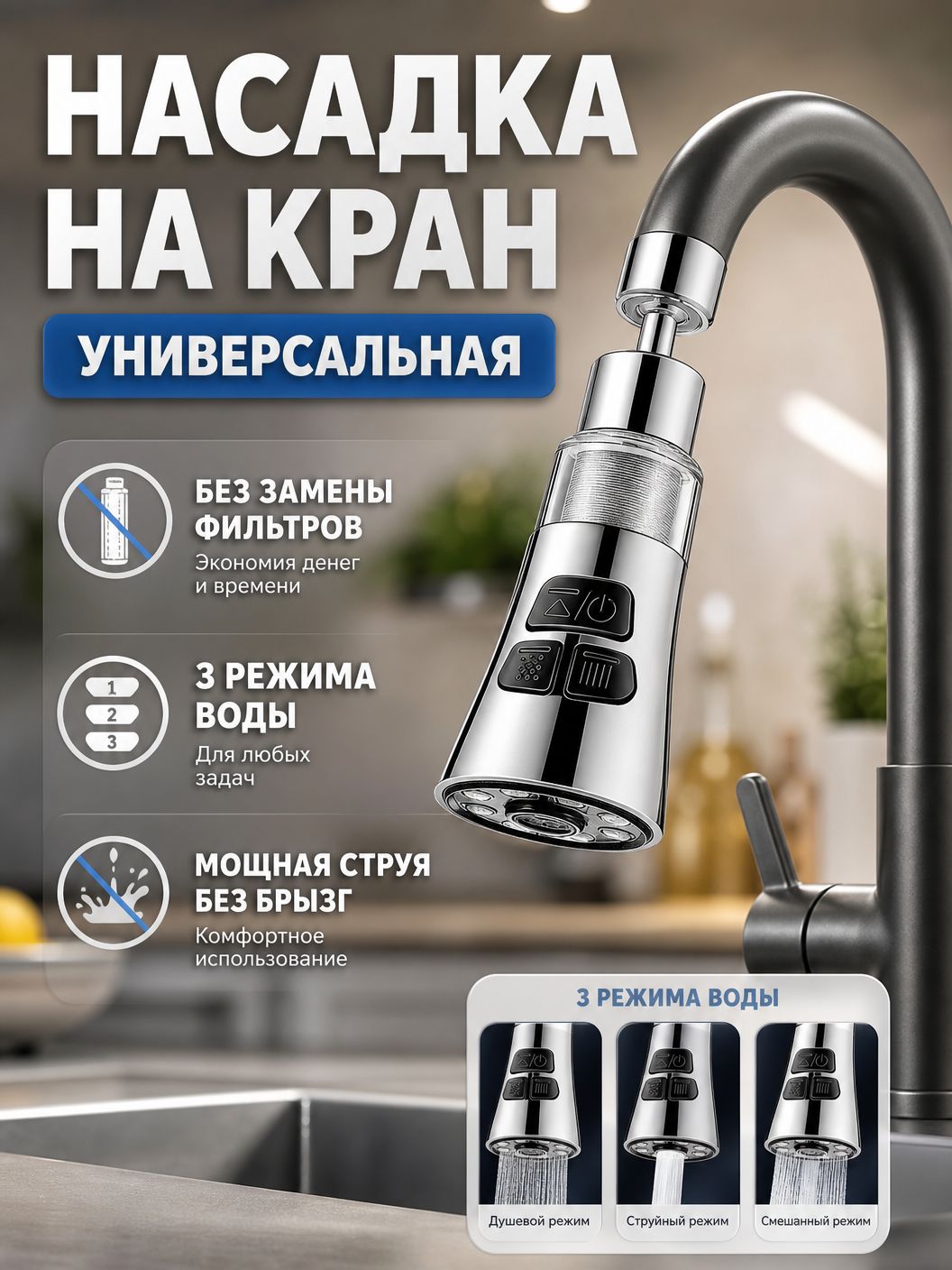 Насадка аэратор на кран с фильтром 3 режима поворот 360 прозрачный корпус защита от брызг для кухни и ванной H0819