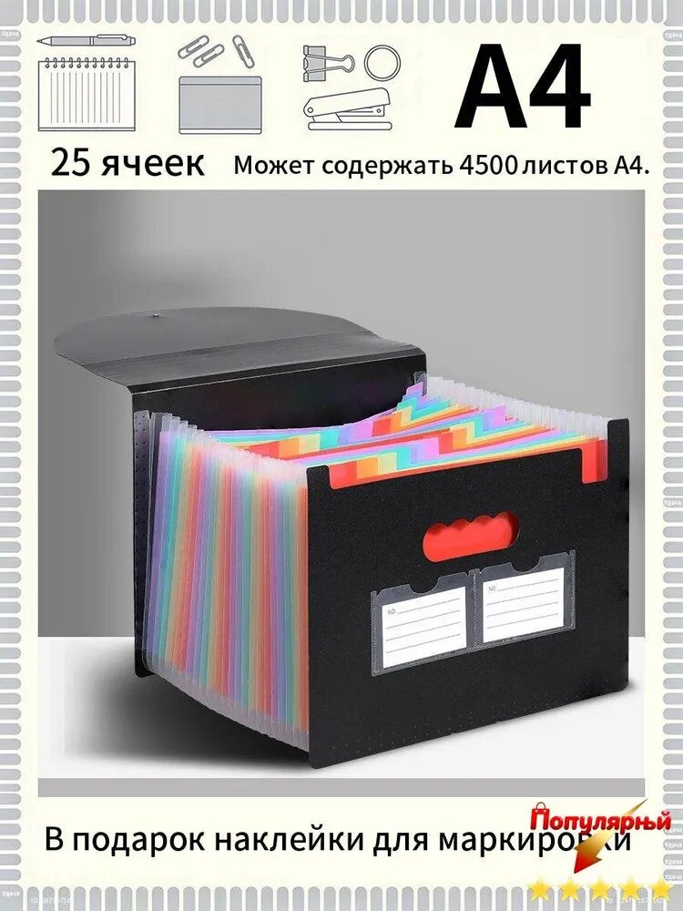 Папка архивная A4 с крышкой, 25 ячеек, пластик, цвет радуга, для хранения документов