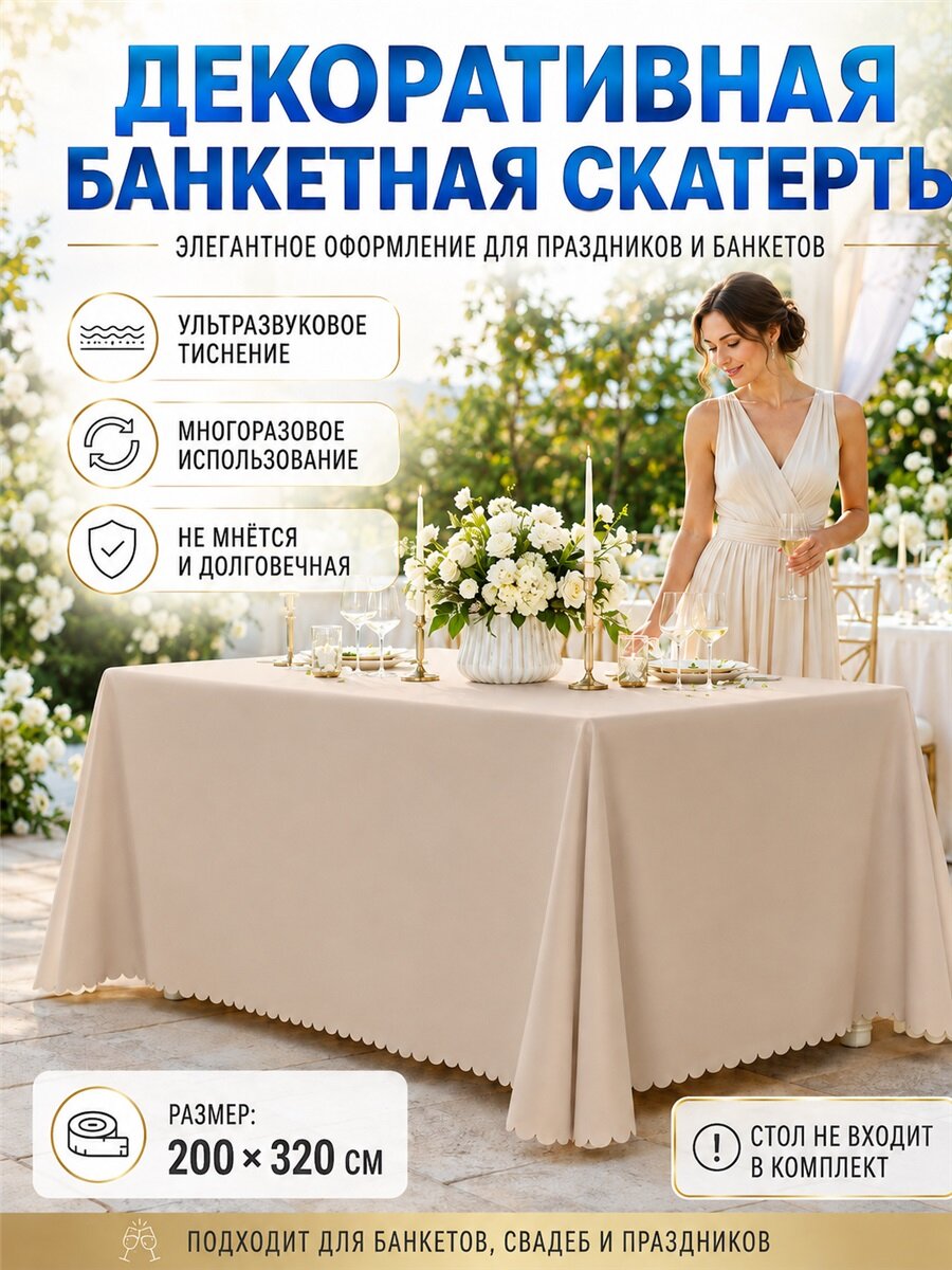 Декоративная банкетная скатерть долговечная ткань не мнётся, волнистый край для оформления кейтеринга и торжеств