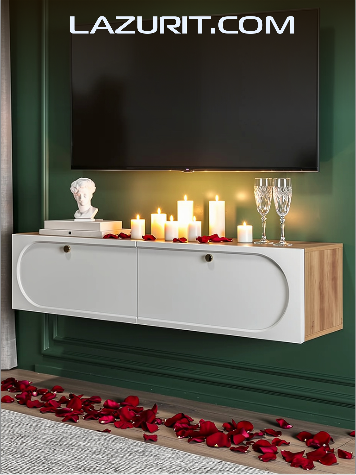 ТВ Тумба под телевизор подвесная Lazurit Santorini белая деревянная с ящиками узкая консоль в прихожую спальню 114х30х36