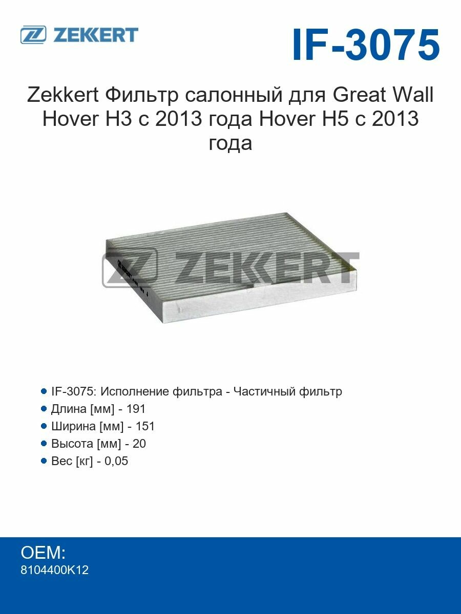 Zekkert Фильтр салонный для Great Wall Hover H3 с 2013 года Hover H5 с 2013 года