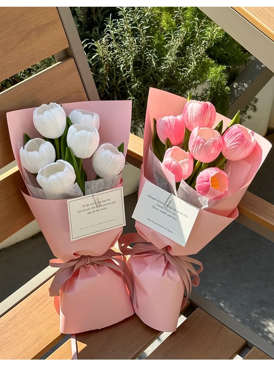 Корейский стиль букет тюльпанов - розовый 6+1 и молочно 6+1