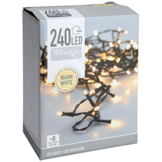 Светодиодная гирлянда Koopman Comfort 18 м, 240 теплых белых LED ламп, зеленый ПВХ, контроллер, таймер, IP44, Koopman (Купман), AX8451140