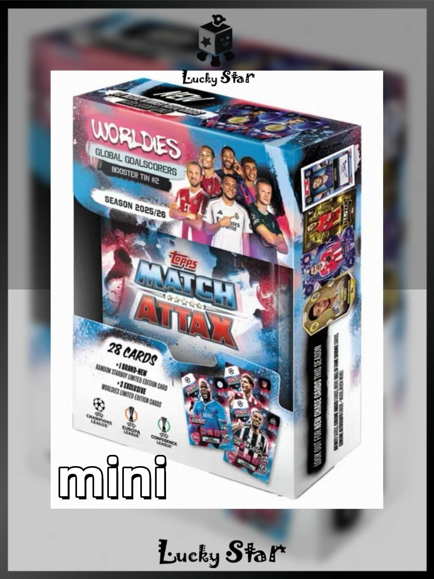 Карточка, Topps UCC Match Attax 2025/26- Contains 28 Match Attax Cards Plus a Random Star Boy LE and 3 Exclusive 'Worldies' LE Cards, Small iron box(Global Goalscorers)blue
