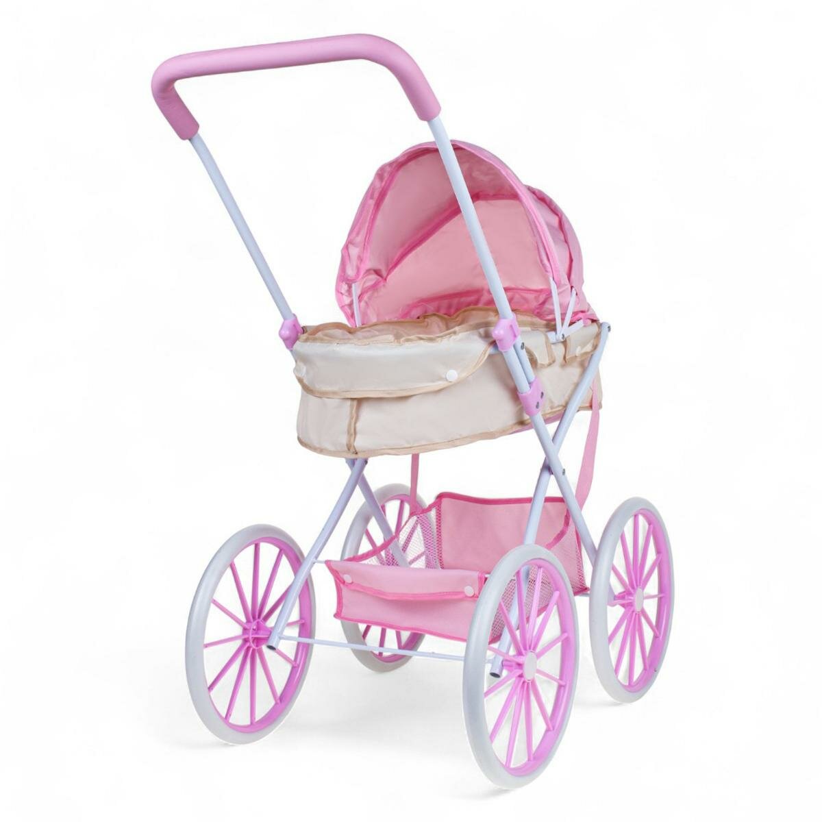 Кукольная лежачая коляска 74x66x36 см, розовая, с корзиной, ручкой и сумкой