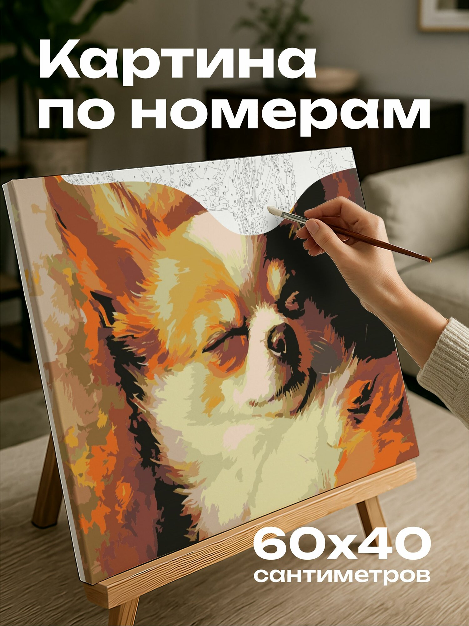Картина по номерам 60x40 см, картина, масло, чихуахуа, закат, лучи, свет, тени, шерсть, насыщенные тона, землистые тона