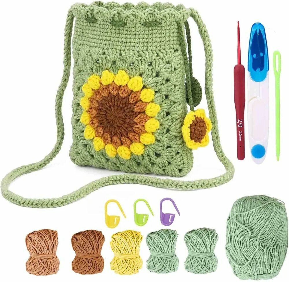 Набор для вязания сумки с крючком, подсолнух: 6 мотков хлопковой пряжи, крючок, ножницы, маркеры петель, иглы для шитья, для начинающих