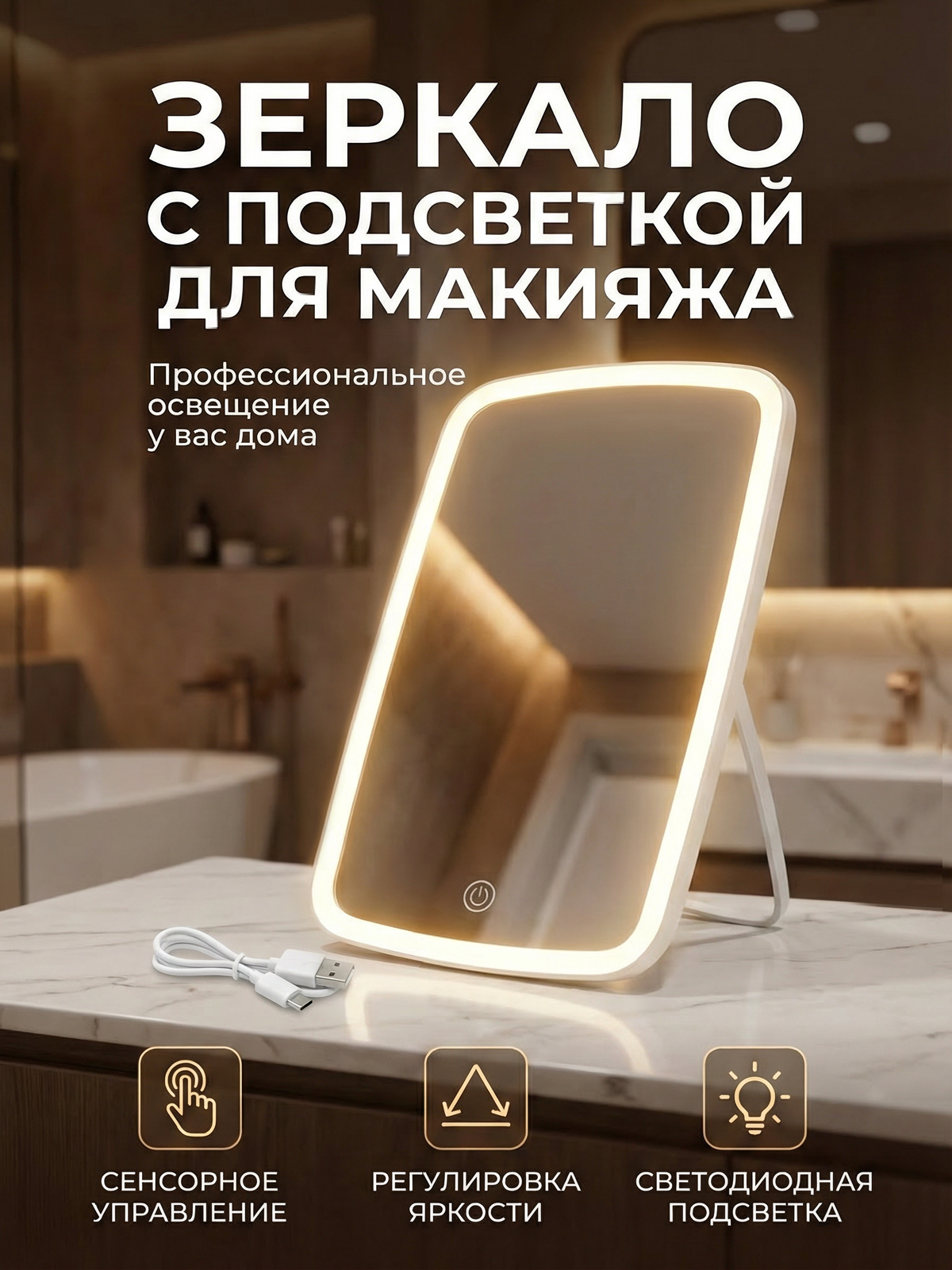 Настольное зеркало для макияжа косметическое, с подсветкой, сенсорное управление