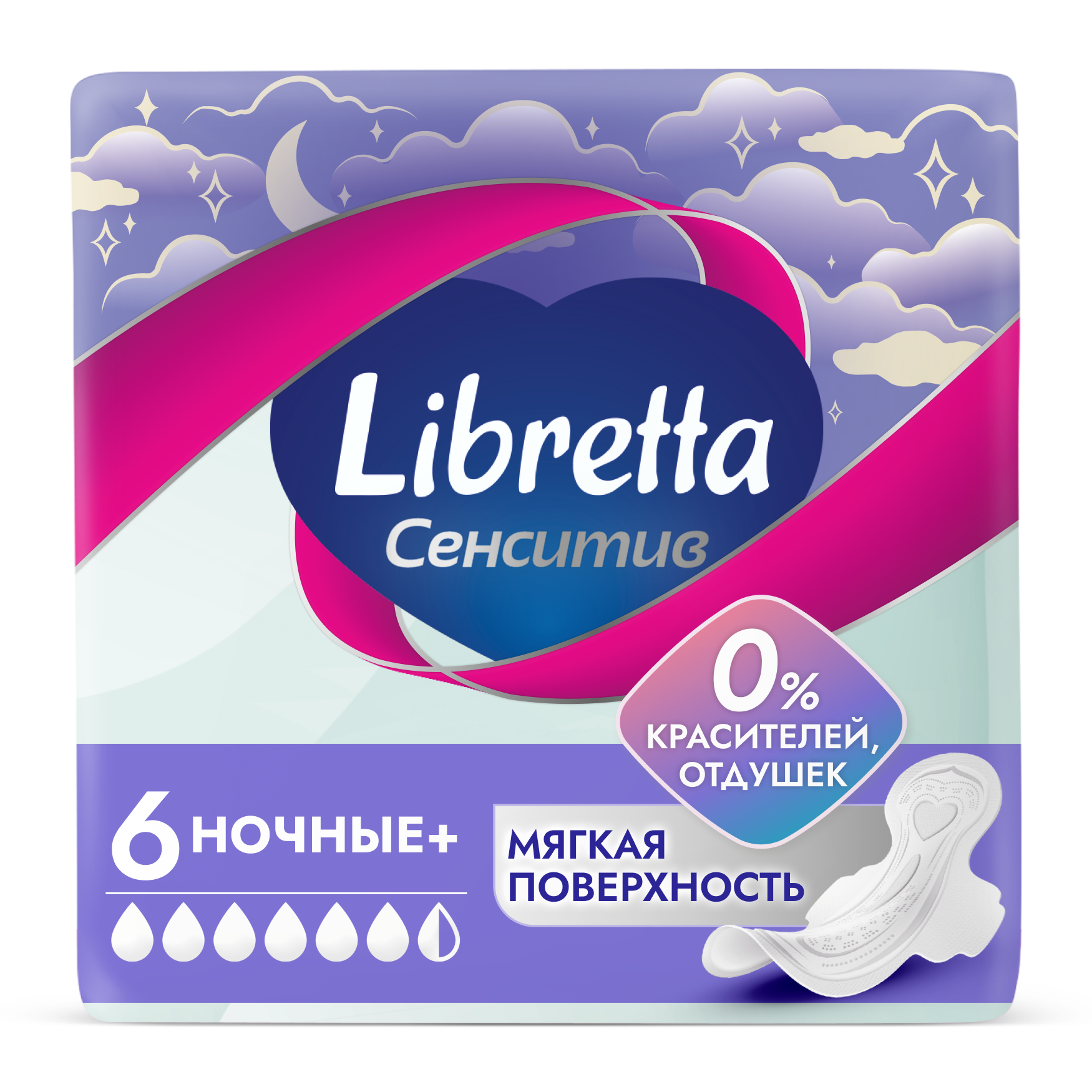 Прокладки Libretta "Сенситив Плюс Ночные", ночные, с крылышками, 6 штук