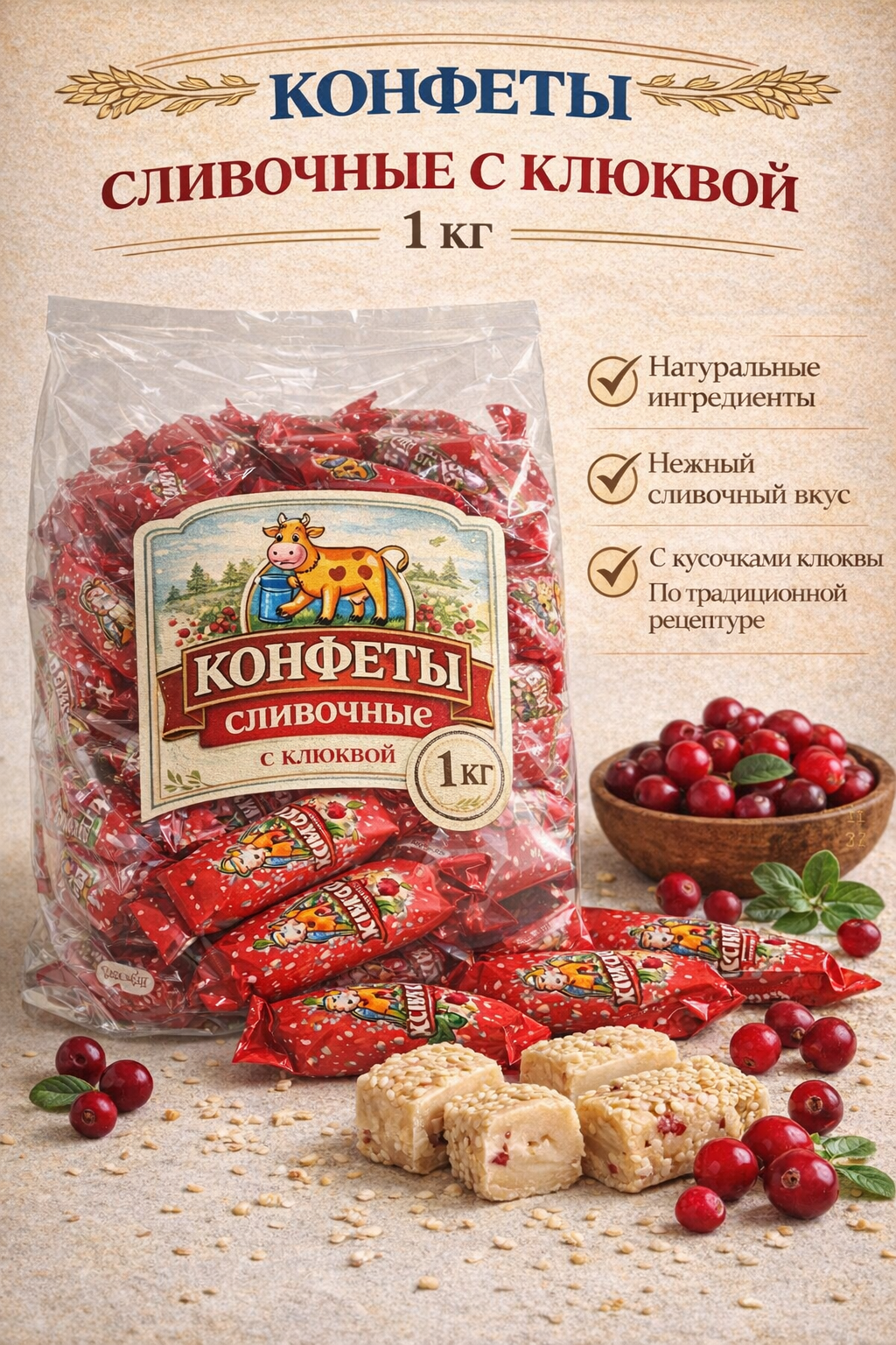 Конфеты Вольский кондитер "Cream Fudge", с клюквой, помадные, без пальмового масла, 1кг