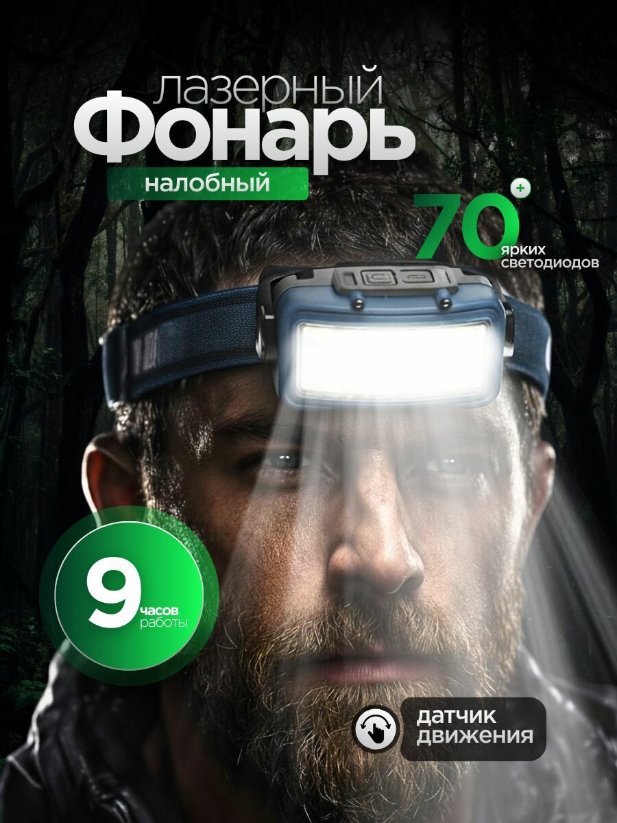 Фонарь налобный аккумуляторный. С функцией движения. Мощный свет