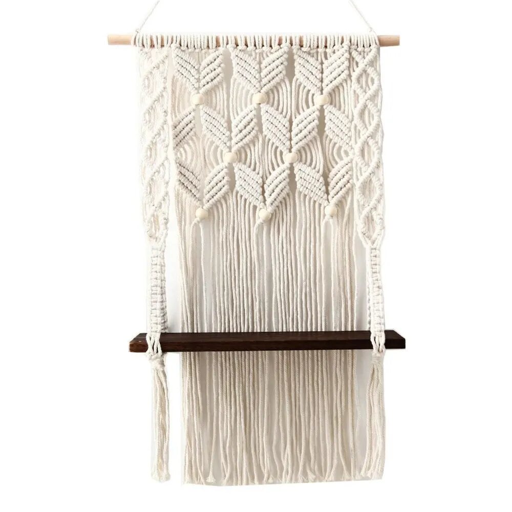 Гобелен настенный в стиле бохо с полкой, выполненный в технике макраме, 44 см, белый