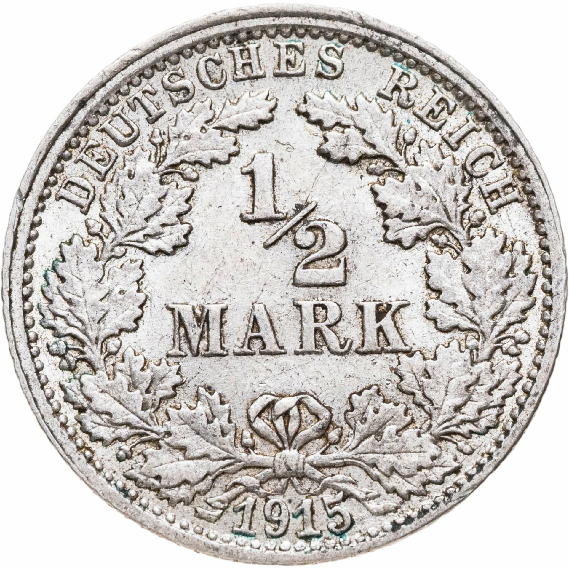 Германия 1/2 марки mark 1915, знак монетного двора: "F" - Штутгарт, Серебро 900, в сохранности XF-AU