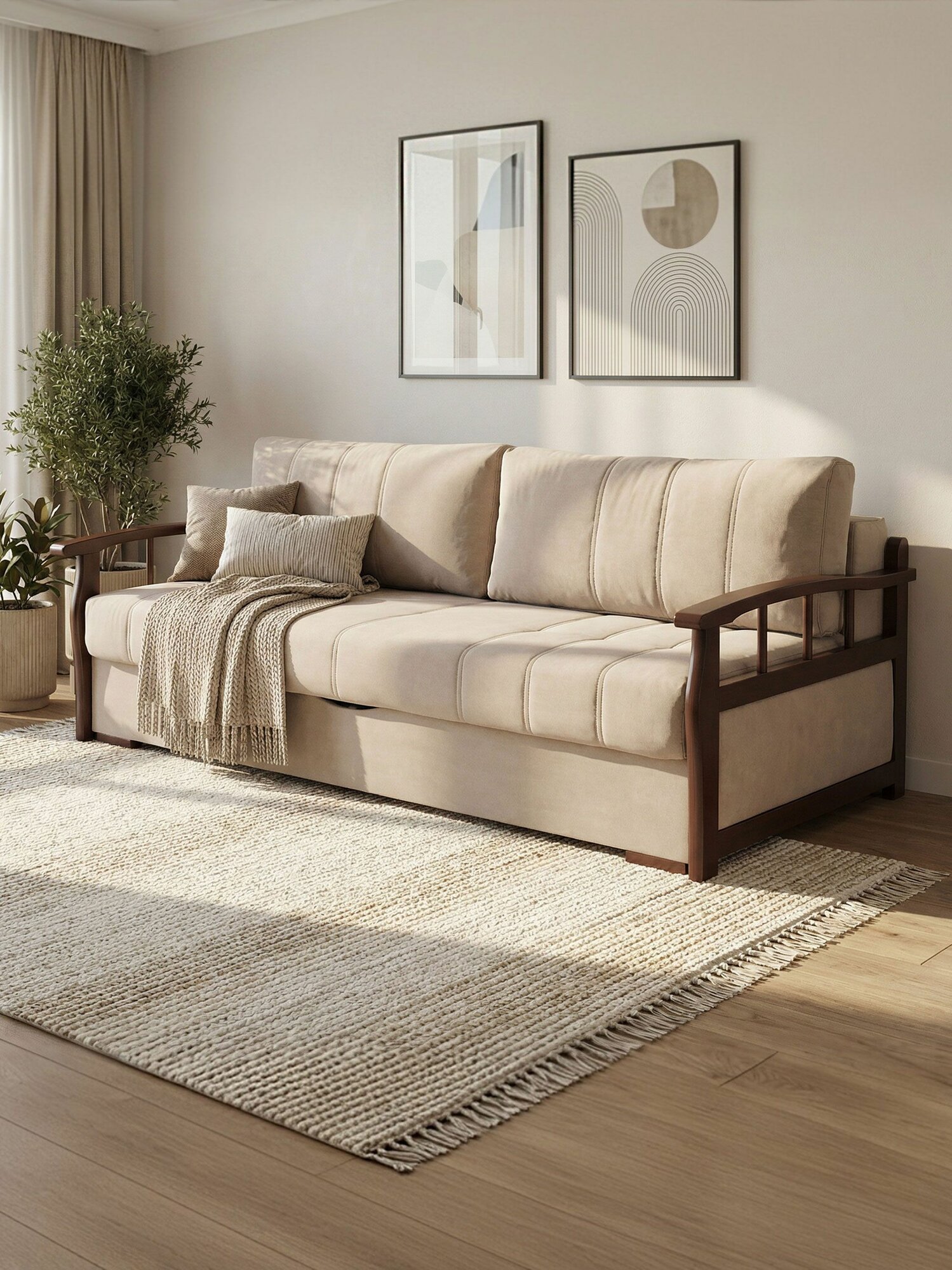 Диван кровать прямой Лорд независимый пружинный блок, раскладной, с подлокотниками, 154х199 см спальное место, Бежевый, велюр