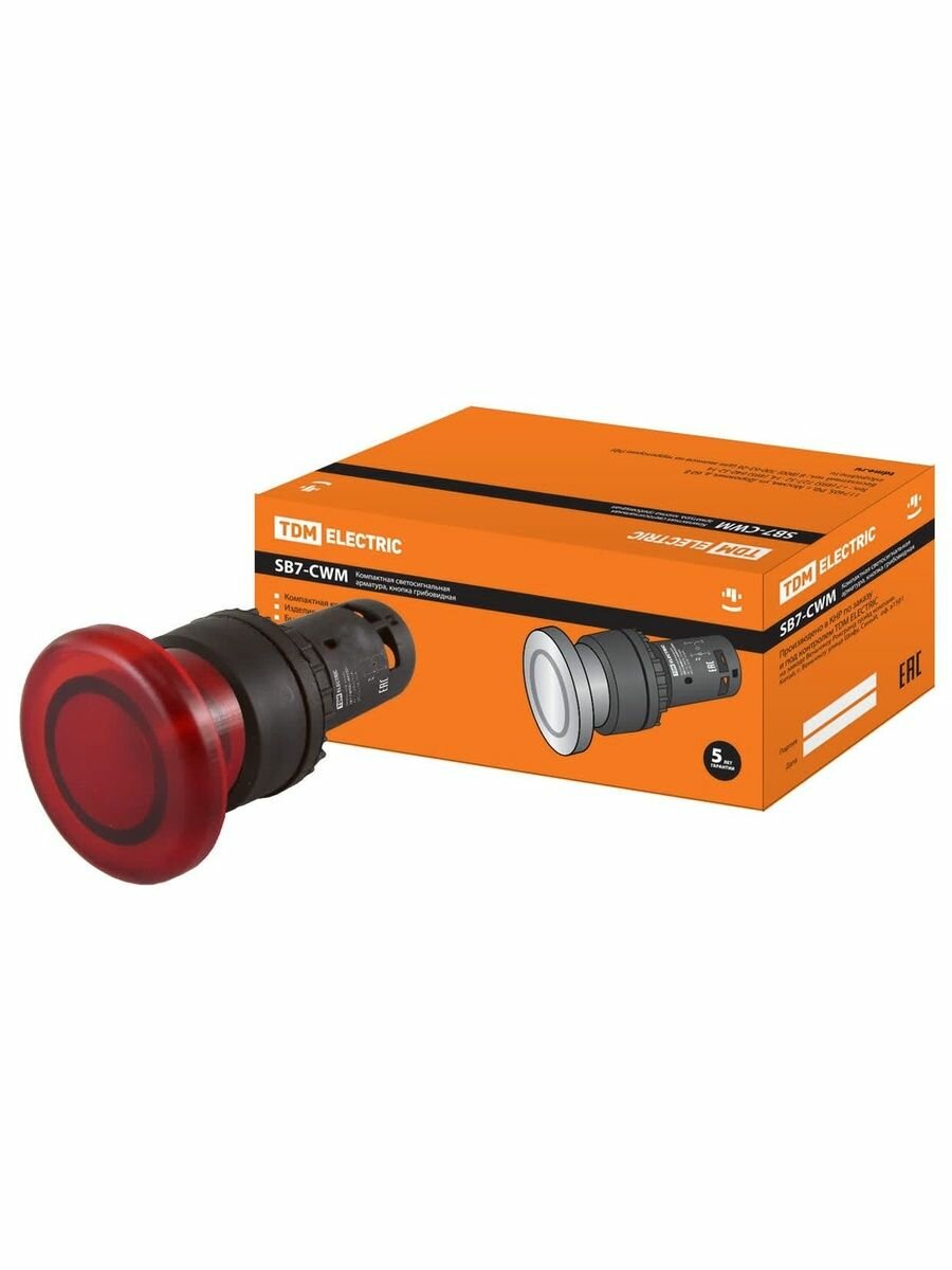 Кнопка грибовидная SB7-CWM42-24V(LED) d35мм 1р красная TDM