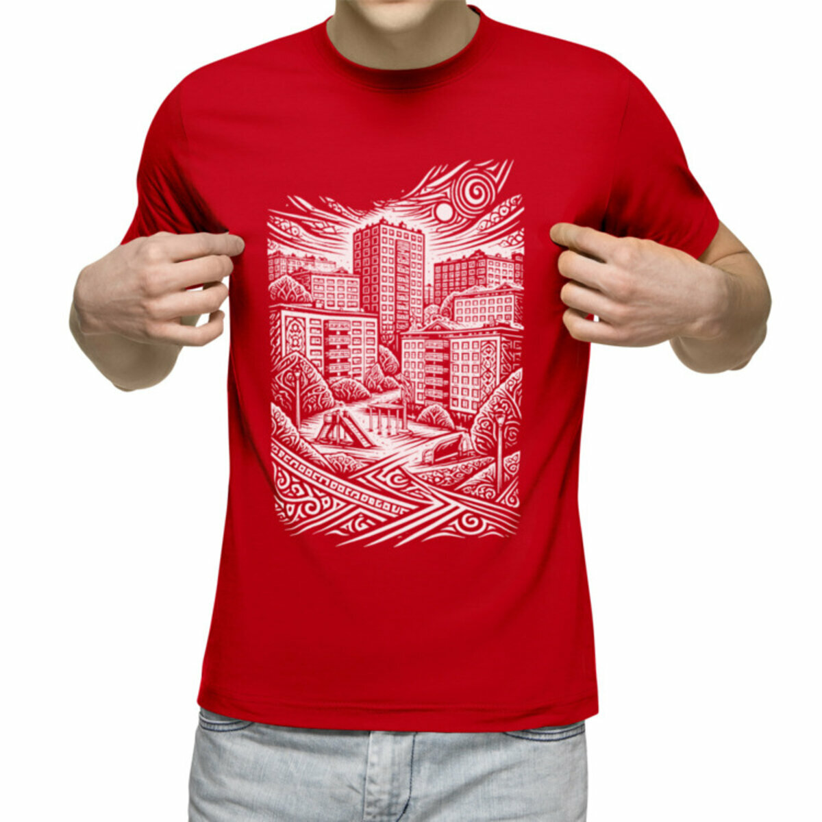 Мужская футболка «Провинциальный город. Орнамент» (красный, 2XL)