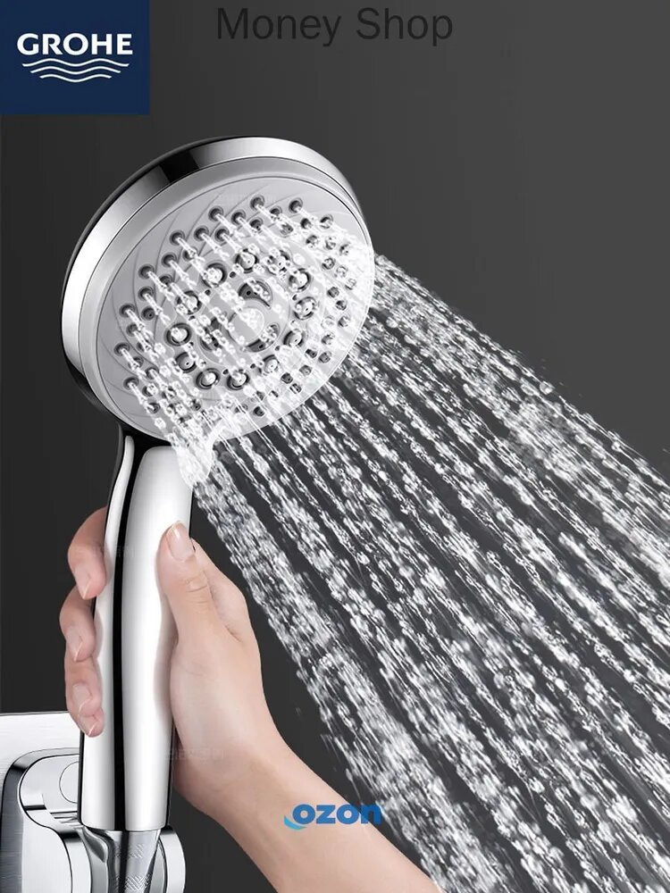 Лейка для душа GROHE Rain O2 многофункциональная с тремя режимами работы, хромированная, ручной душ со шлангом, латунь — фото 1