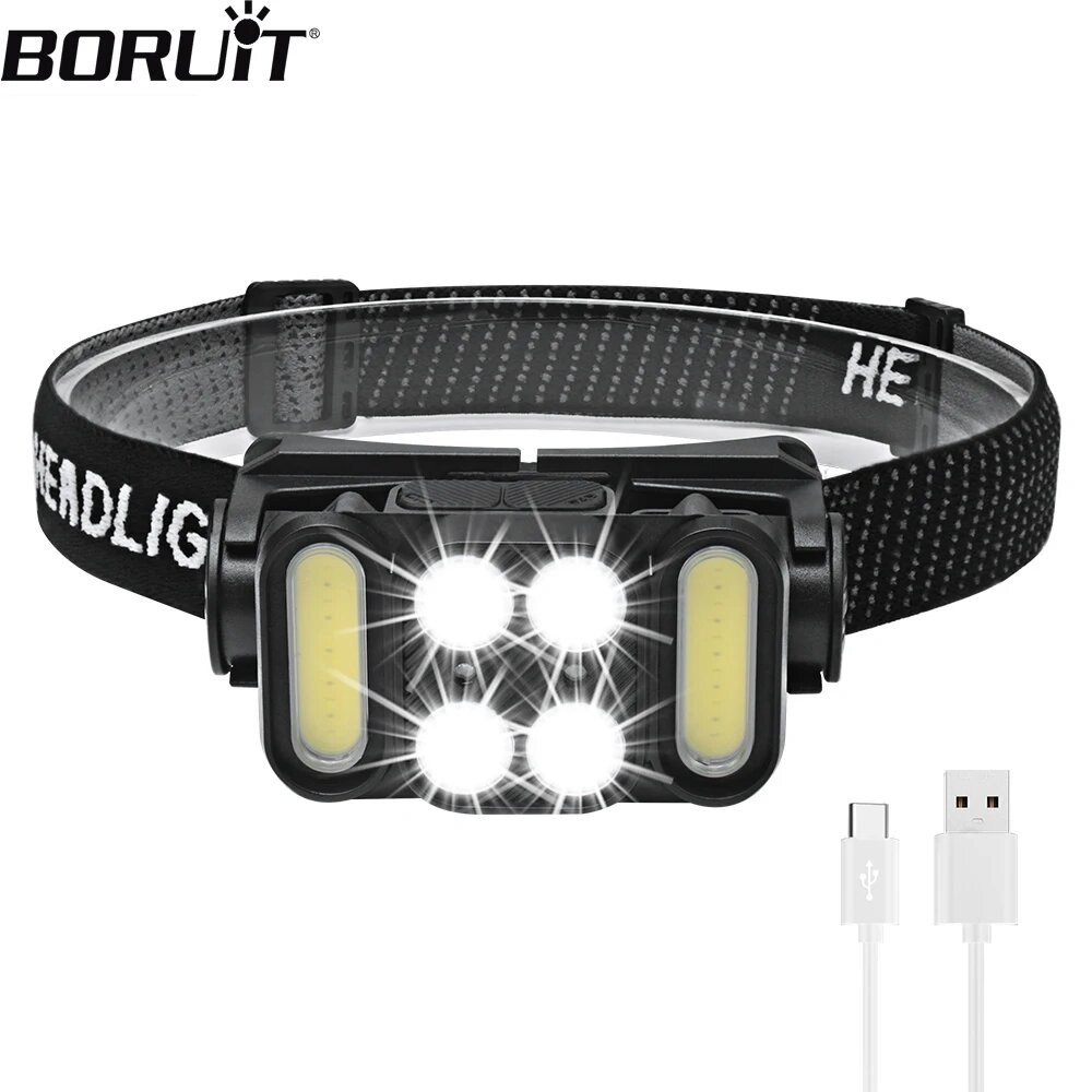 Налобный Фонарь BORUiT С Датчиком Освещенности, Перезаряжаемый, На Аккумуляторе 18650, Светодиодный, 5 Режимов, Водонепроница.