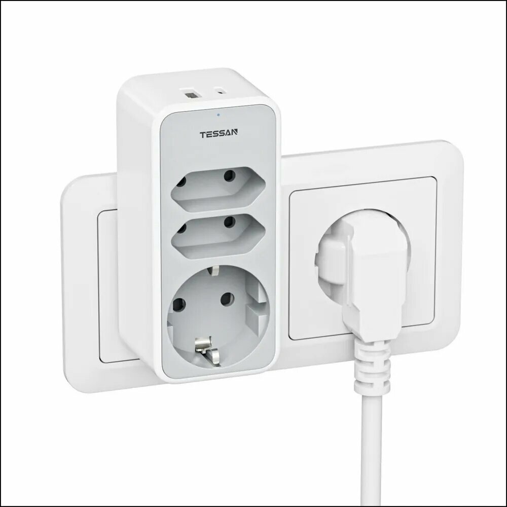 Серый адаптер TESSAN бестселлер с 3 розетками, USB и TypeC портами