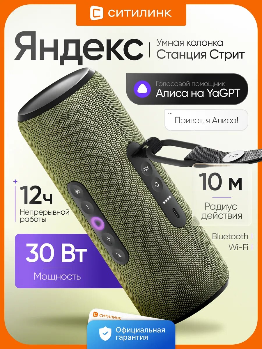 Умная портативная колонка Яндекс Станция Стрит с Алисой, зеленый, 30В, Wi-Fi YNDX-00030GRN