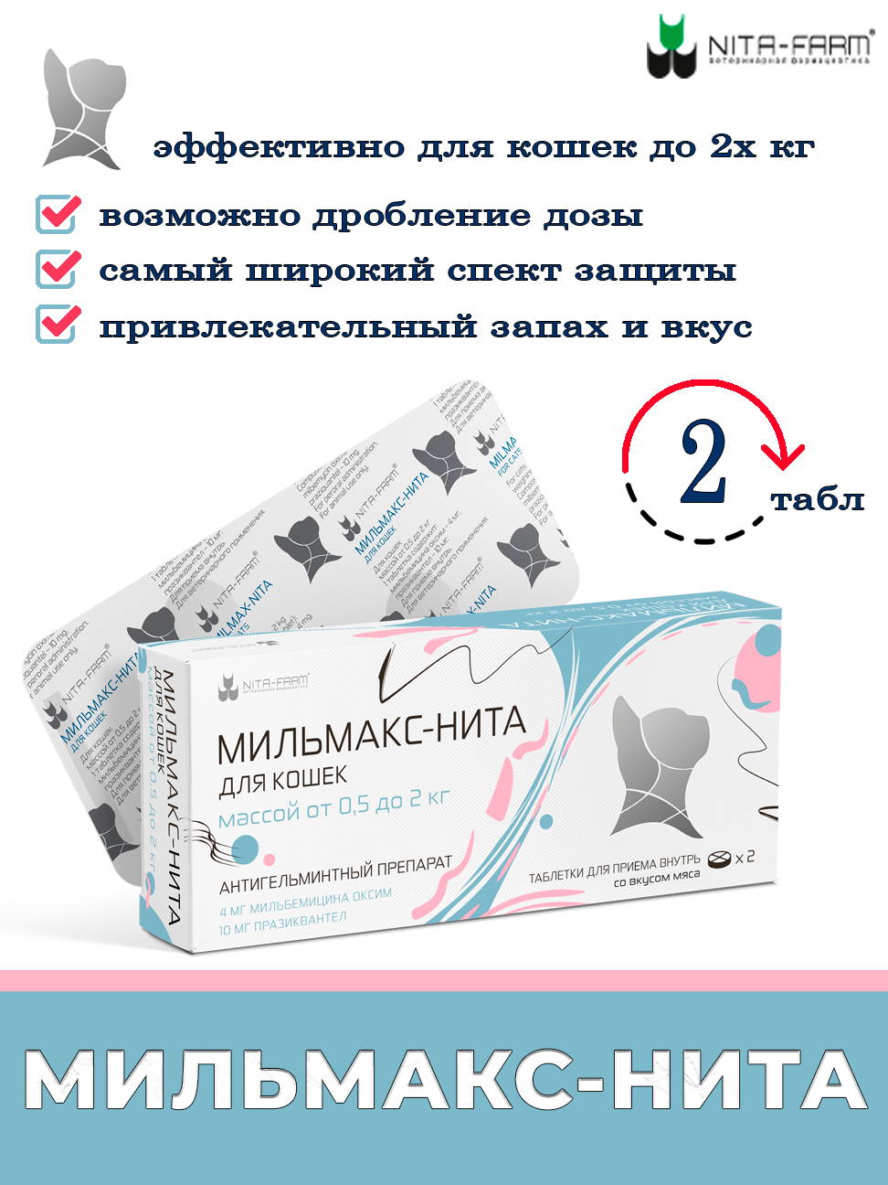Антигельминтик NITA-FARM Мильмакс, для кошек 0.5-2 кг , 2 шт