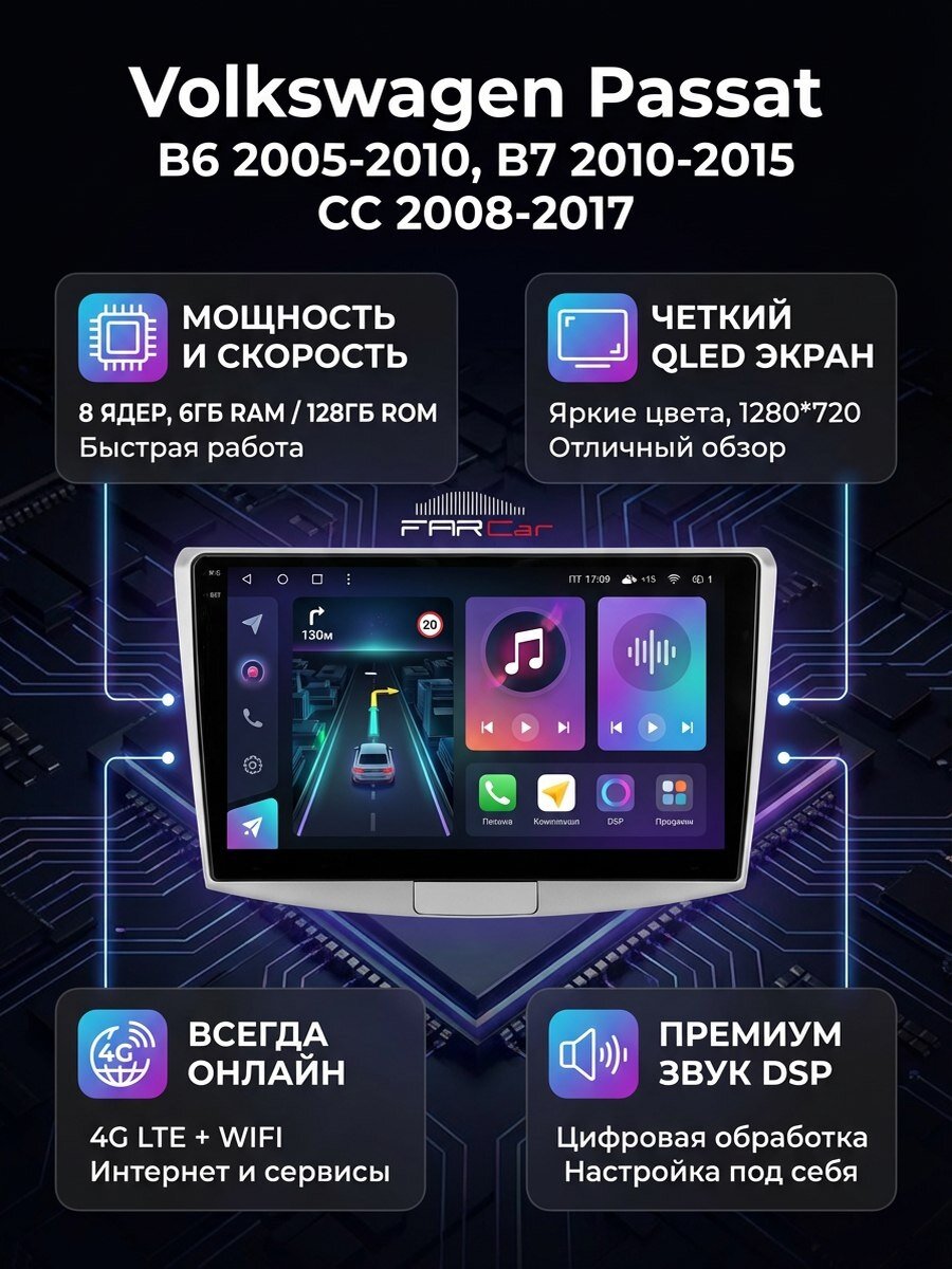 Магнитола Пассат Б7, Б6, СС (Volkswagen Passat B7 2010-2015, B6 2005-2010, CC 2008-2017) на Android 14, CarPlay